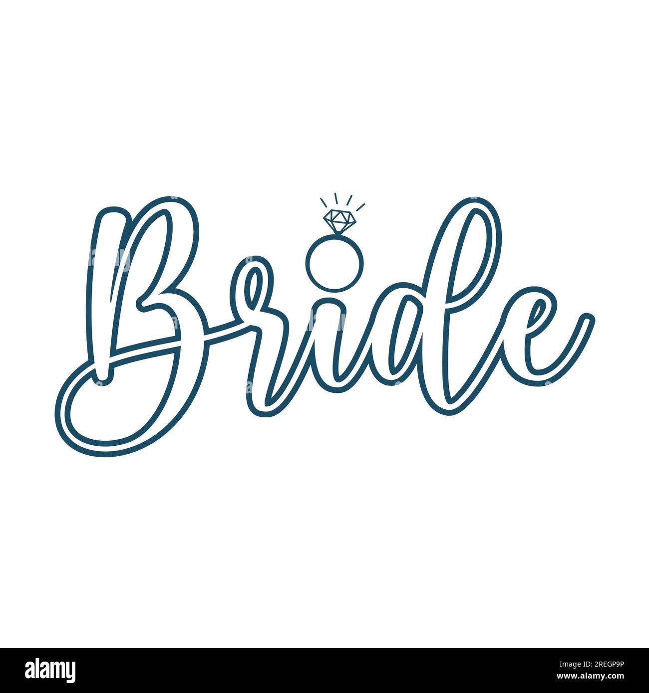 Outlined bride word with engagement diamond ring on white background ...