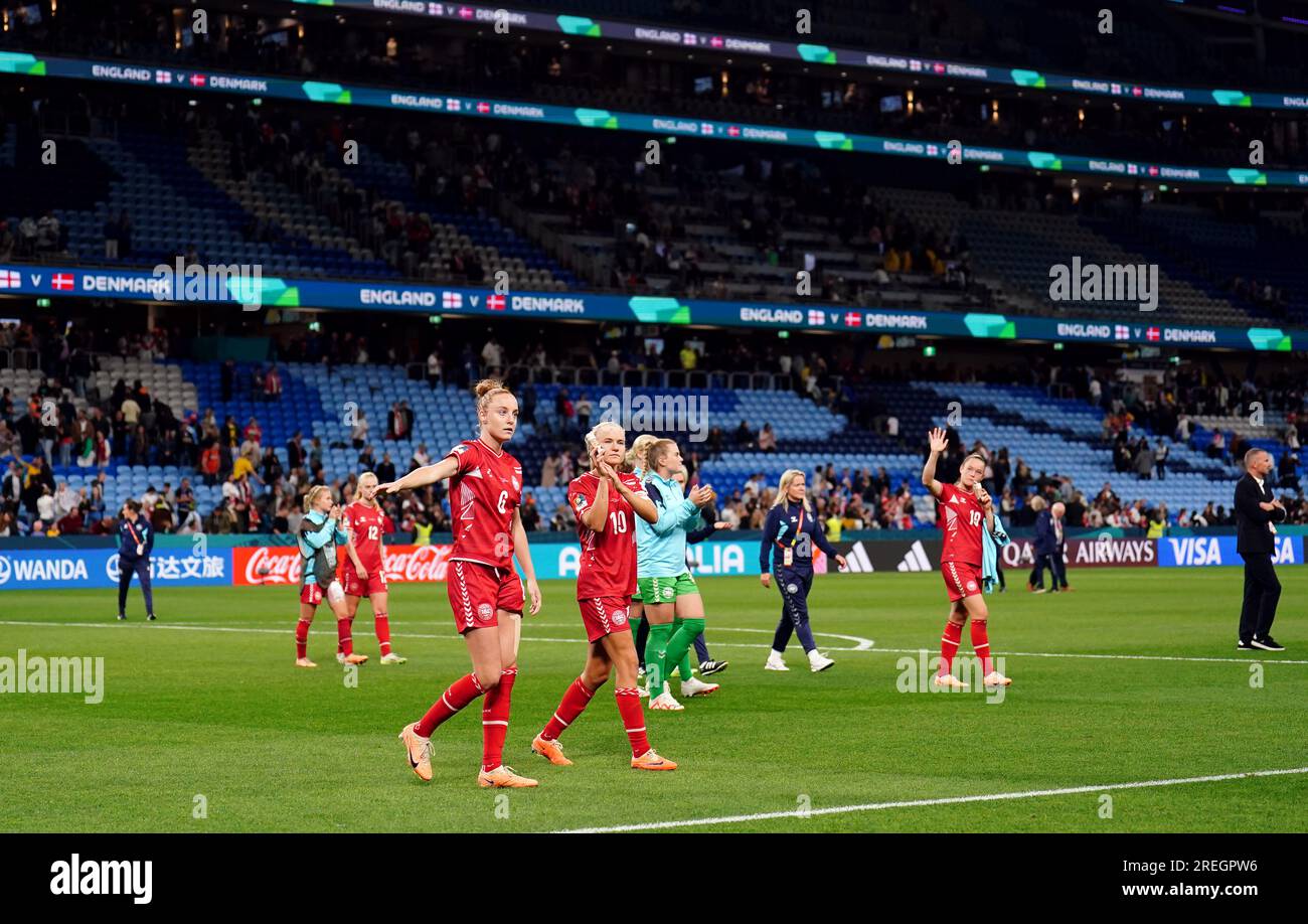 Denmark's Pernille Harder (centre) and Karen Holmgaard following the ...