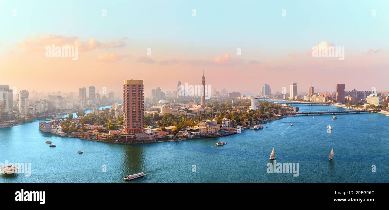 Nile River and Cairo skyline, high quality aerial panorama, Egypt Stock ...
