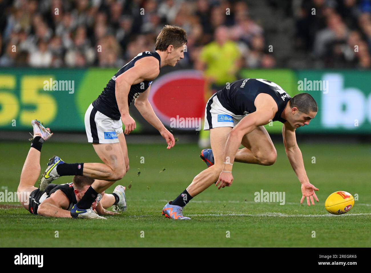 Melbourne, Australia. 28th July, 2023. Adam Cerra of the Blues reaches ...
