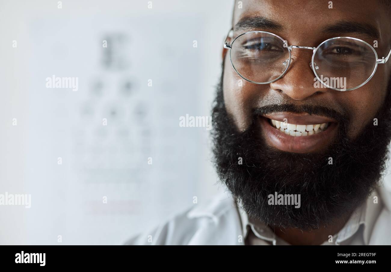 Eye exam, smile and portrait of optometrist or black man with ...
