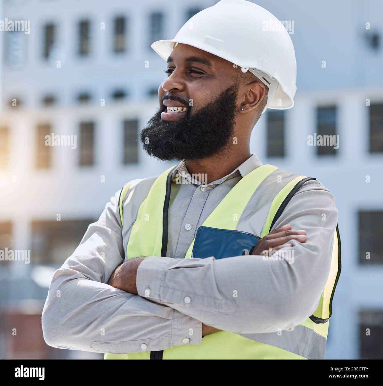 Outdoor, engineer and black man with arms crossed, thinking and ...