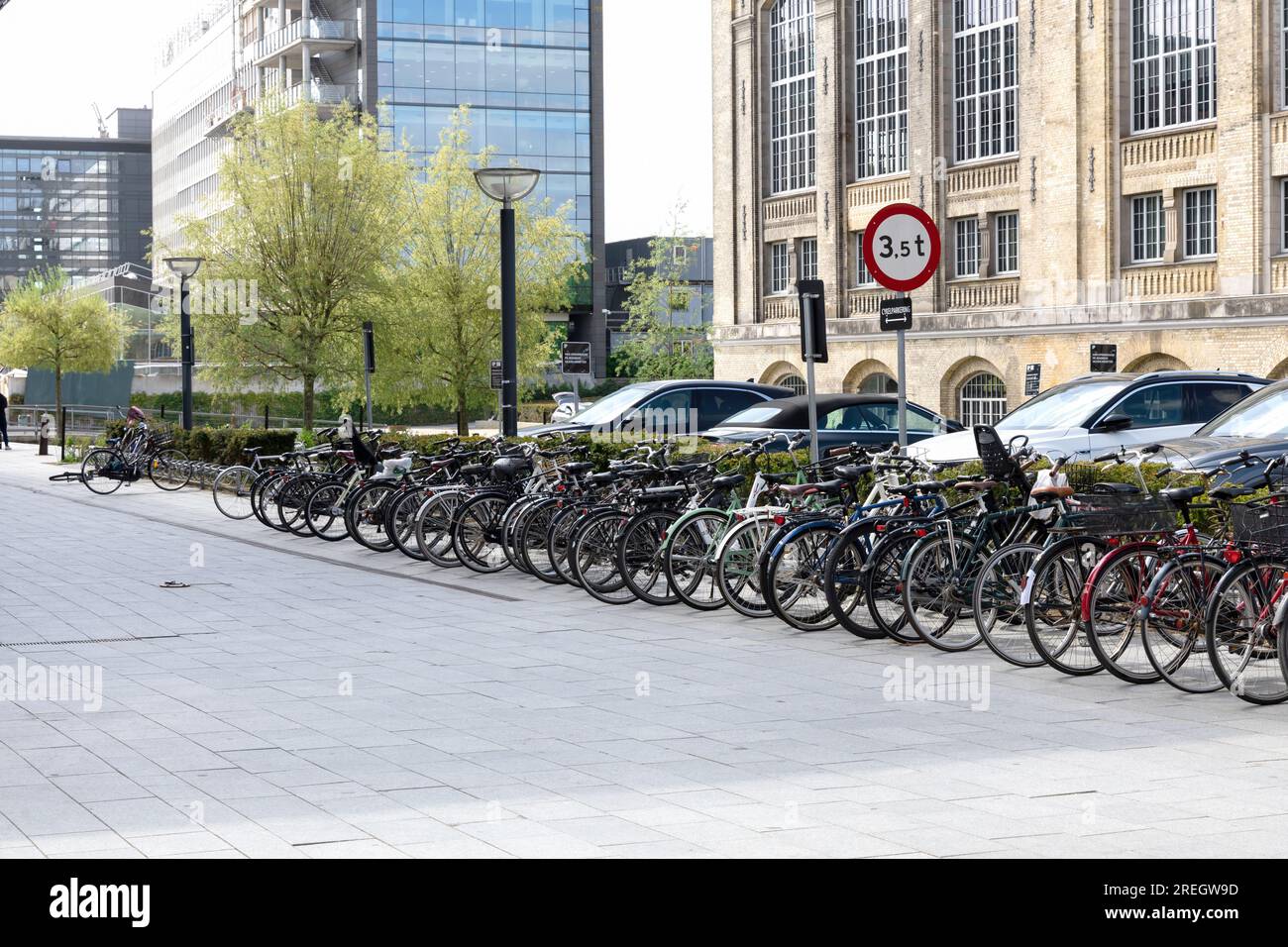 Copenhagen city street with bicycles parking at sidewalk. Bikes for ...