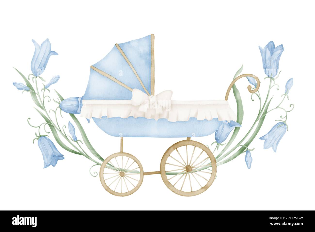 Watercolor Baby Pram with blue flowers in vintage style. Retro kid ...