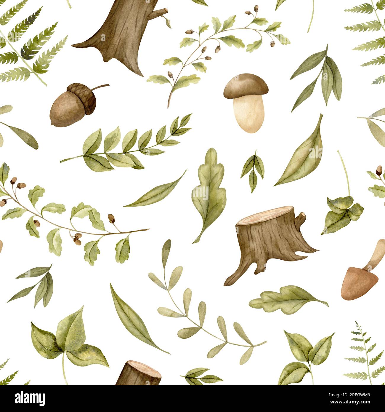 Woodland seamless Pattern with forest leaves and mushrooms. Hand drawn ...