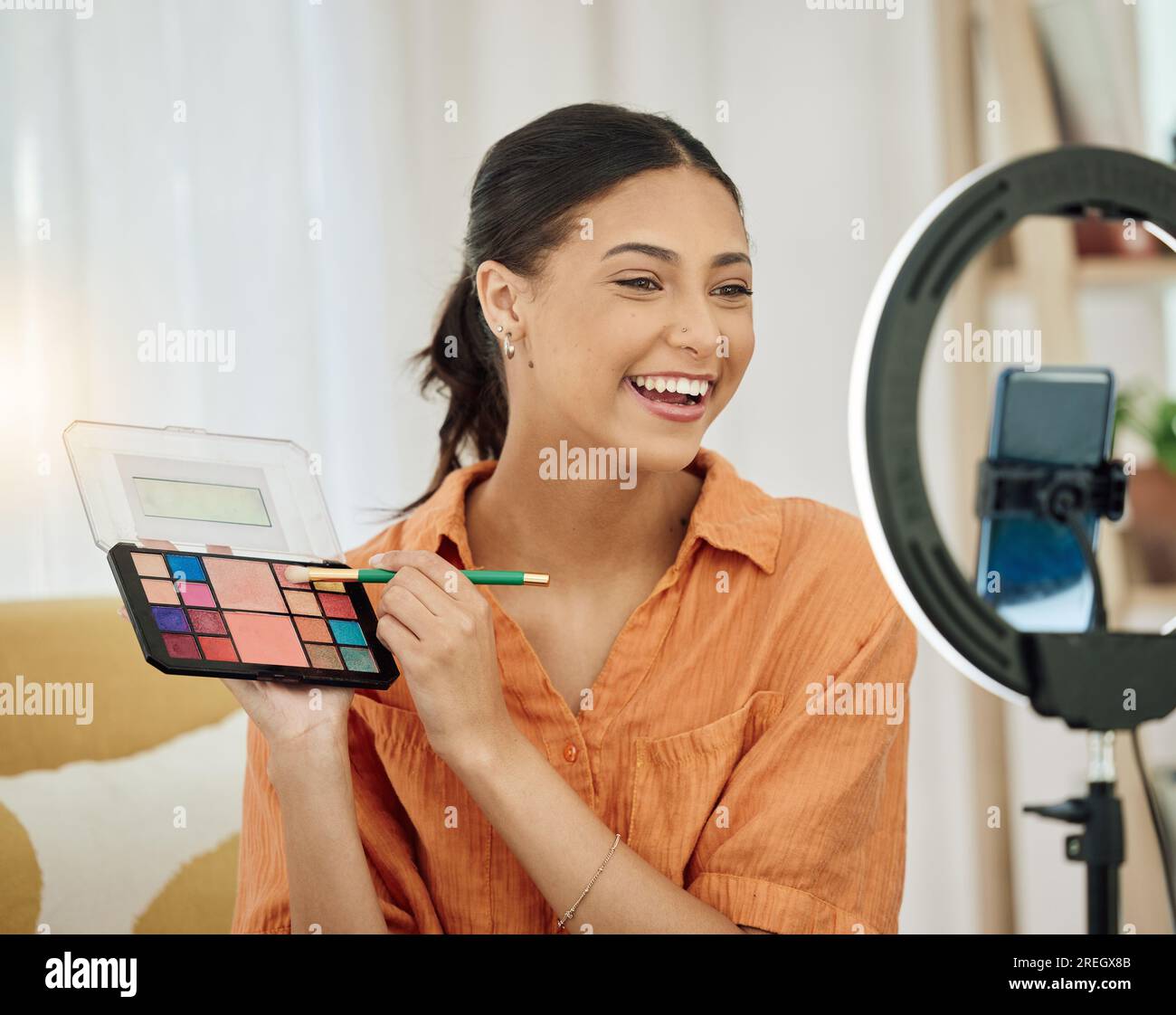 Woman, makeup influencer and live streaming on social media for beauty ...