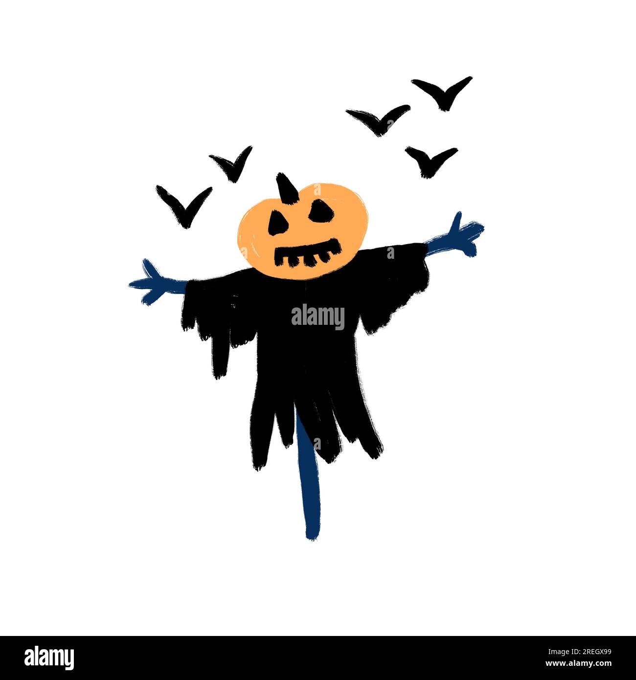 Hand drawn illustration of scarecrow in black orange pumpkin with ...