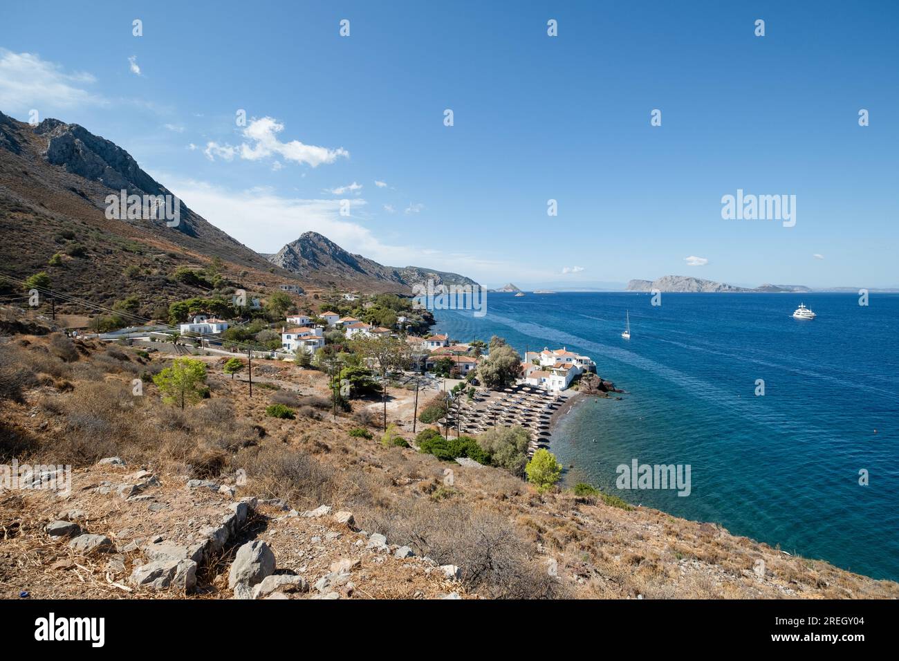 Vlychos beach, Hydra, Greece, with the beach visible in the centre with ...