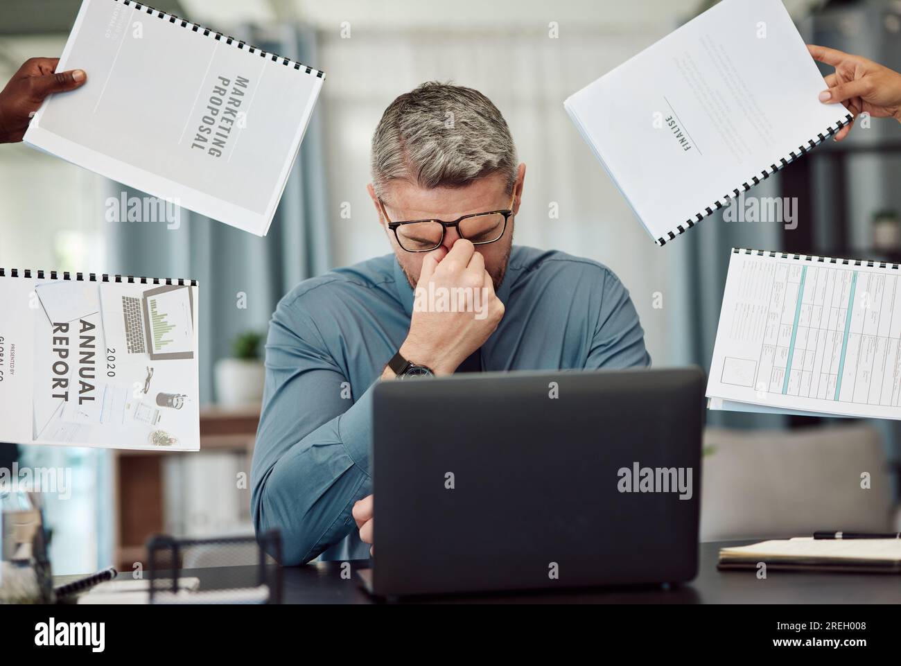 Business man, stress and overwhelmed with headache, documents and staff ...