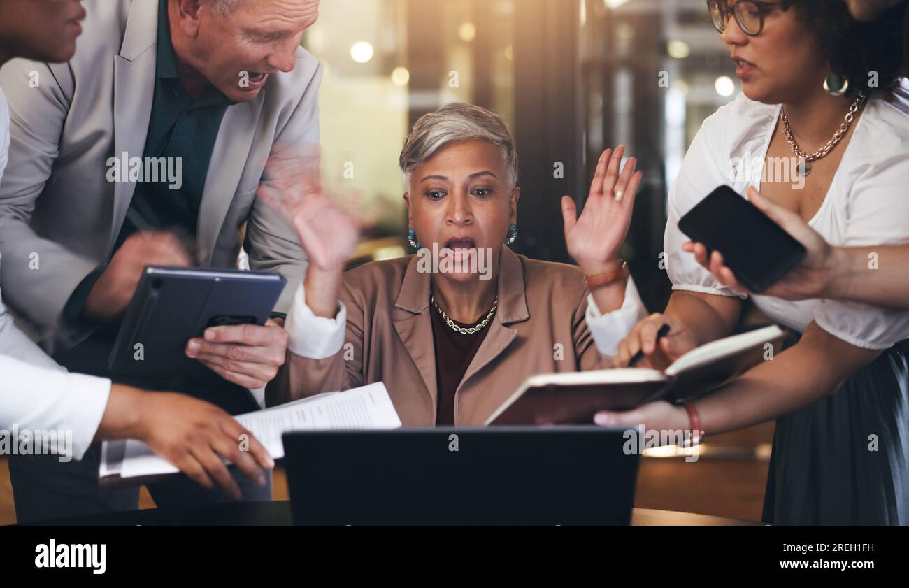 Stress, multitasking and senior business woman with chaos, team ...