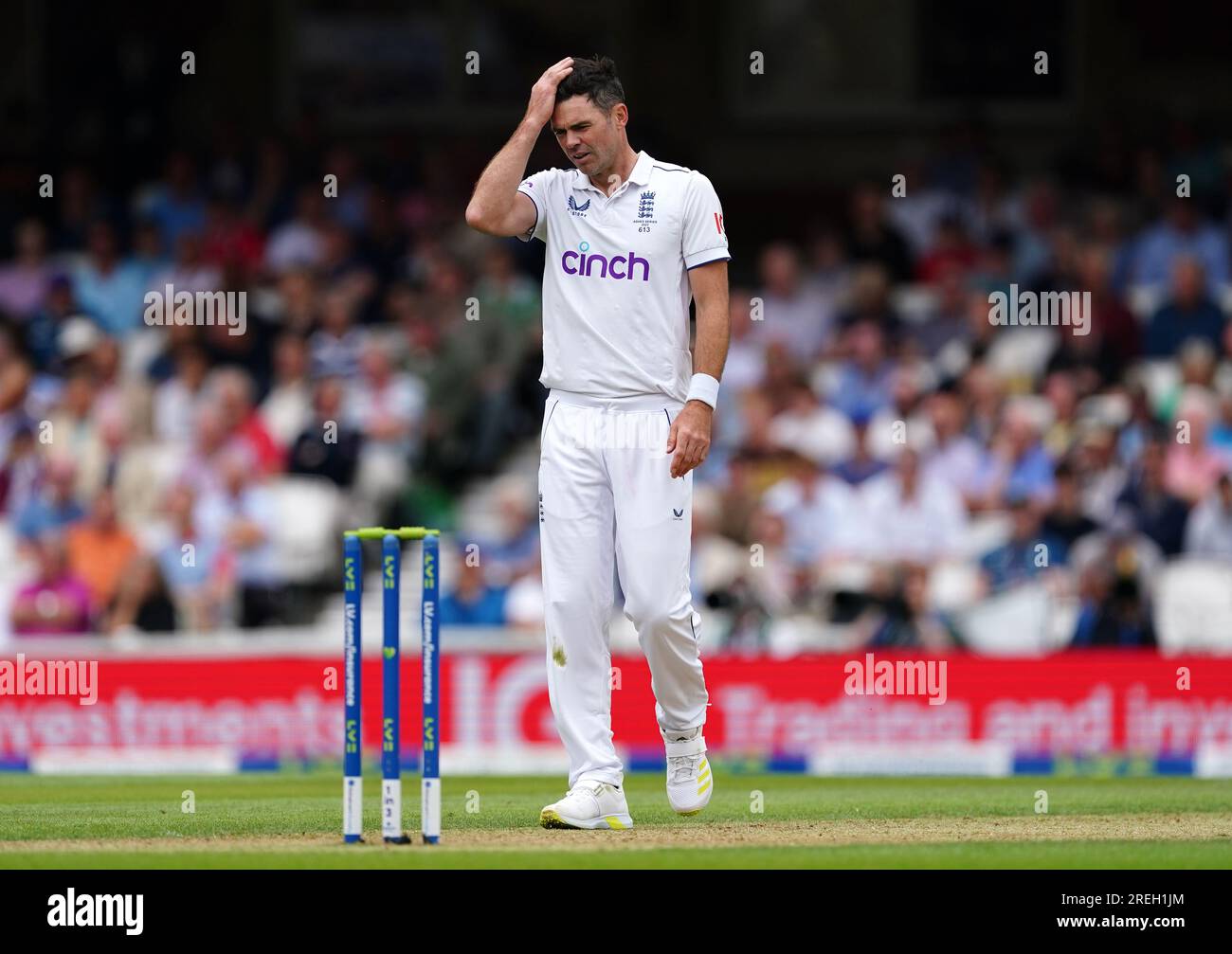 England's James Anderson reacts during day two of the fifth LV ...