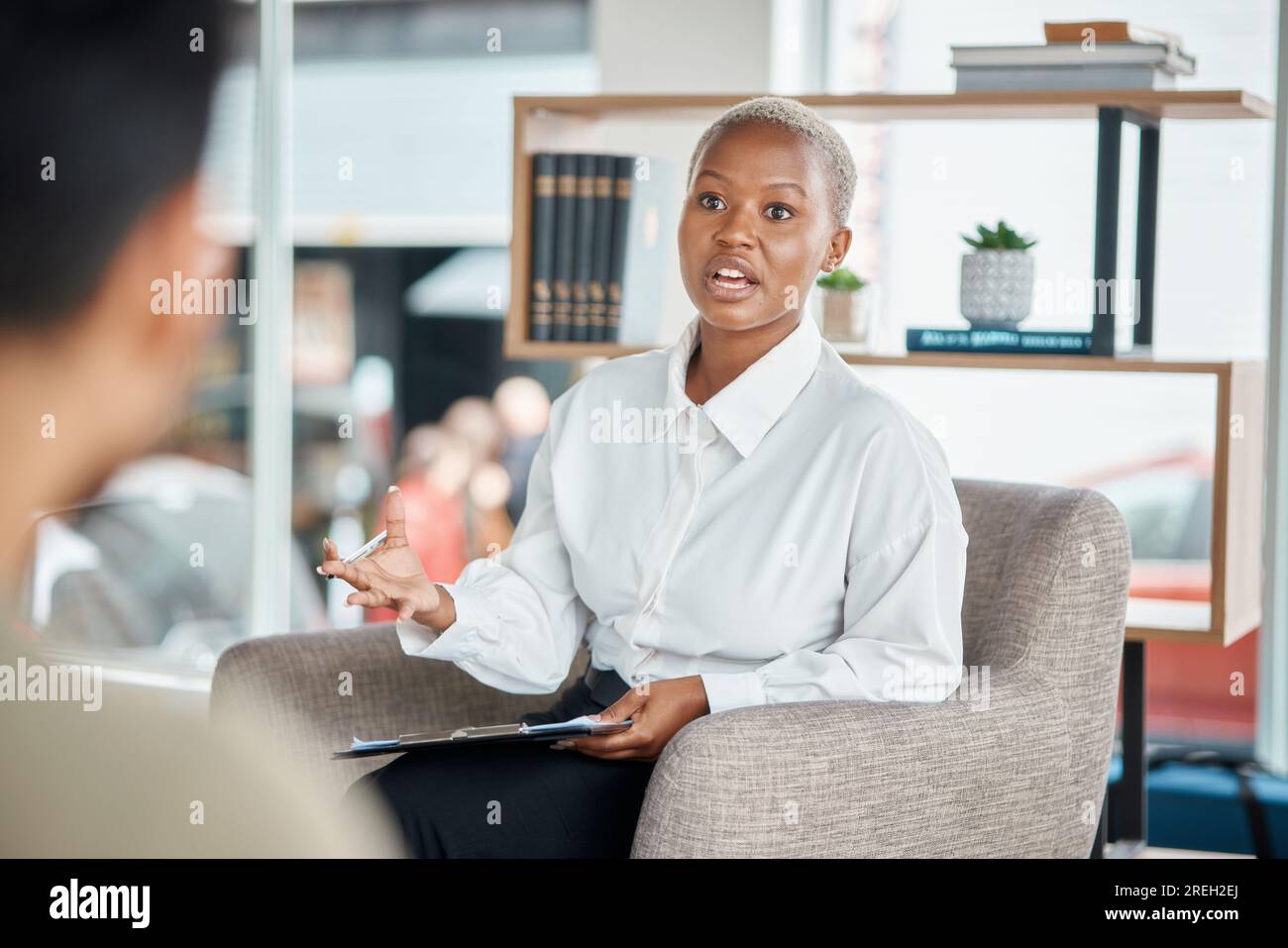 Consulting, psychology and mental health with black woman in office for ...