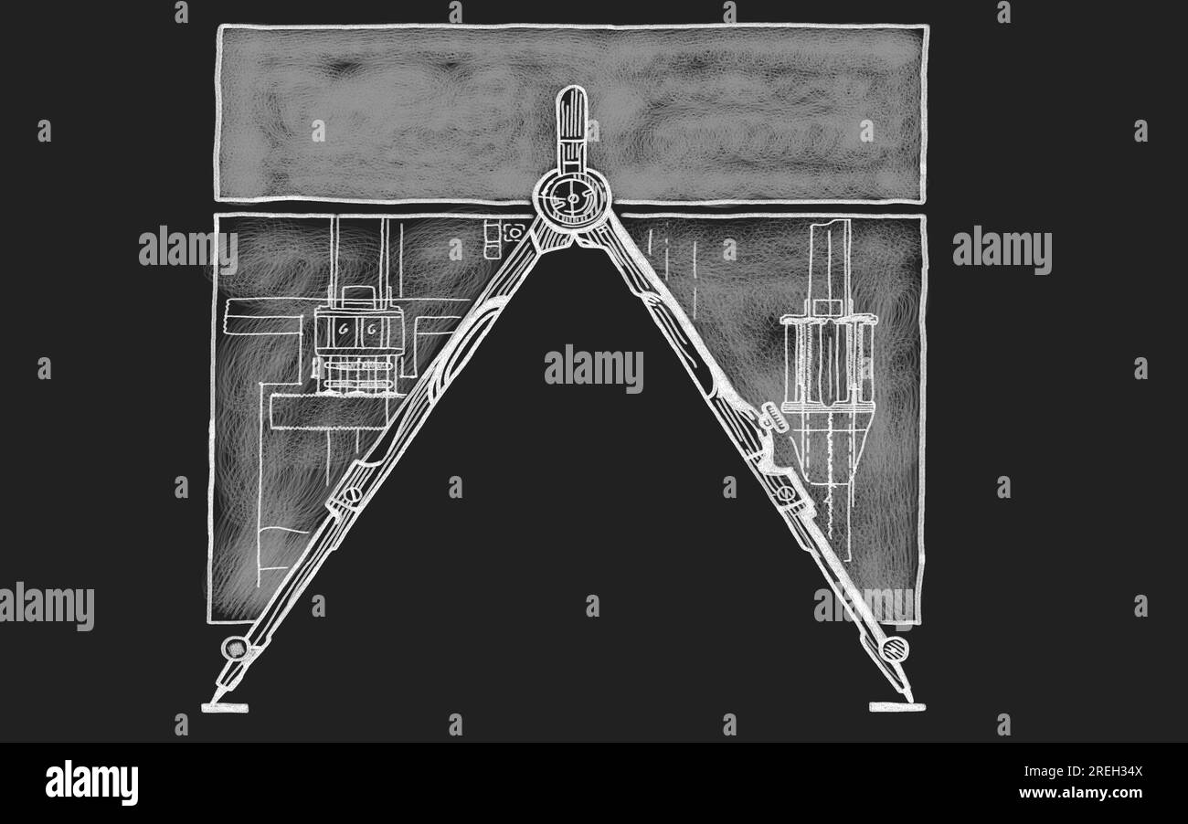Chalk drawn sketch of a Compass (drawing tool) on blackboard background ...