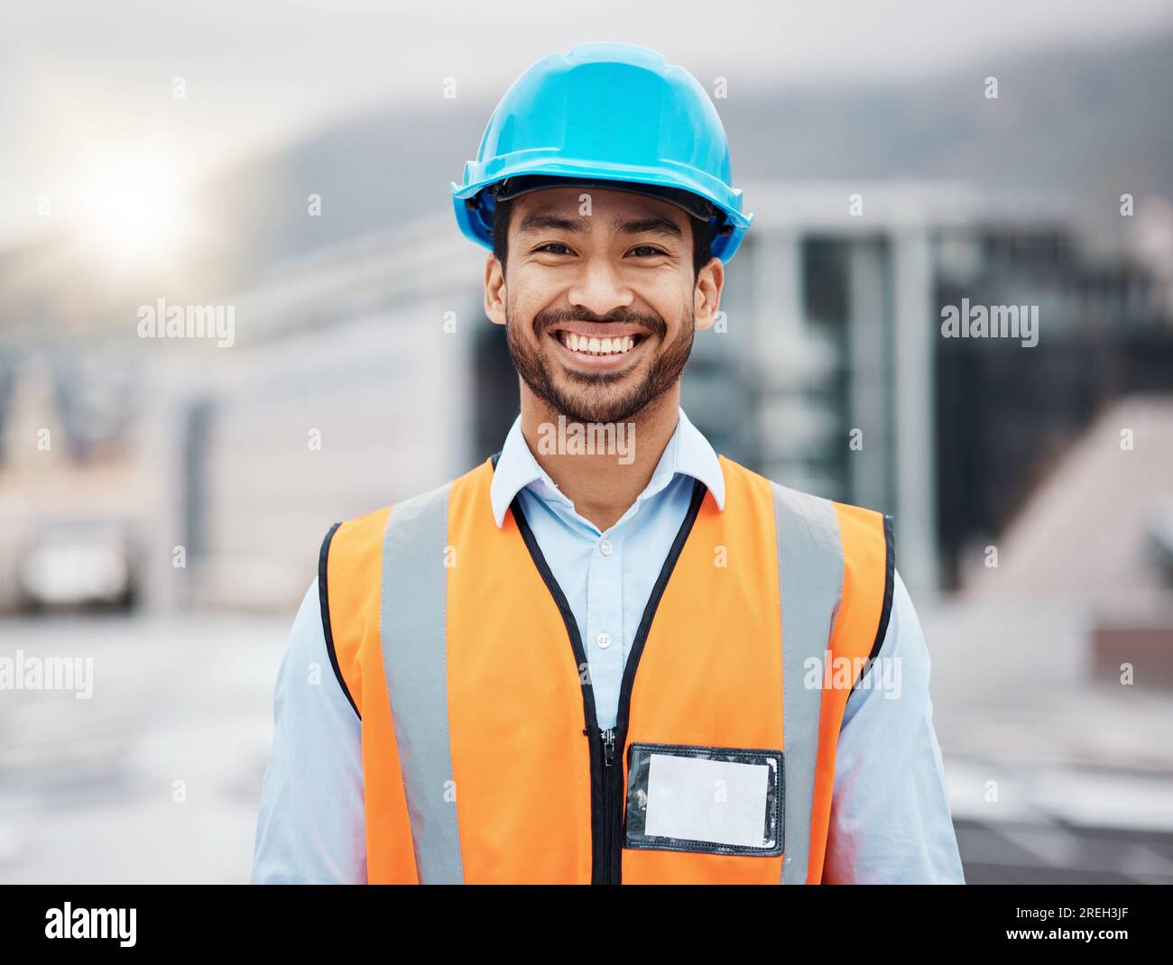 Happy asian man, architect and portrait in city for construction ...