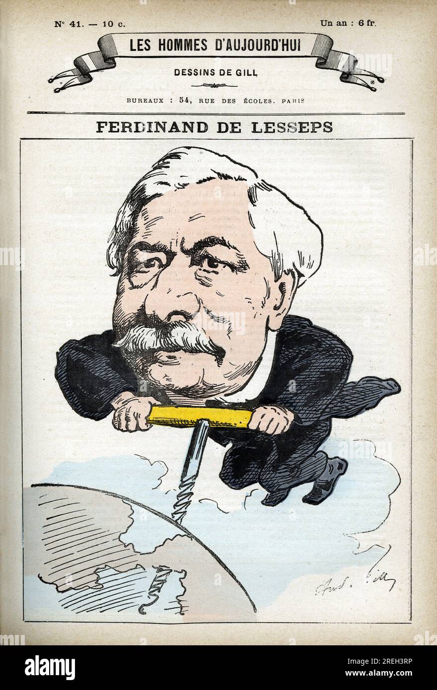 Portrait de Ferninand de Lesseps (1805-1894), diplomate francais. Caricature de Gill, in "Les ...
