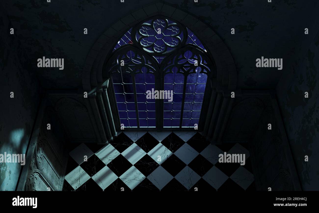 Abandoned castle with a large gothic window sunset rays Stock Photo - Alamy