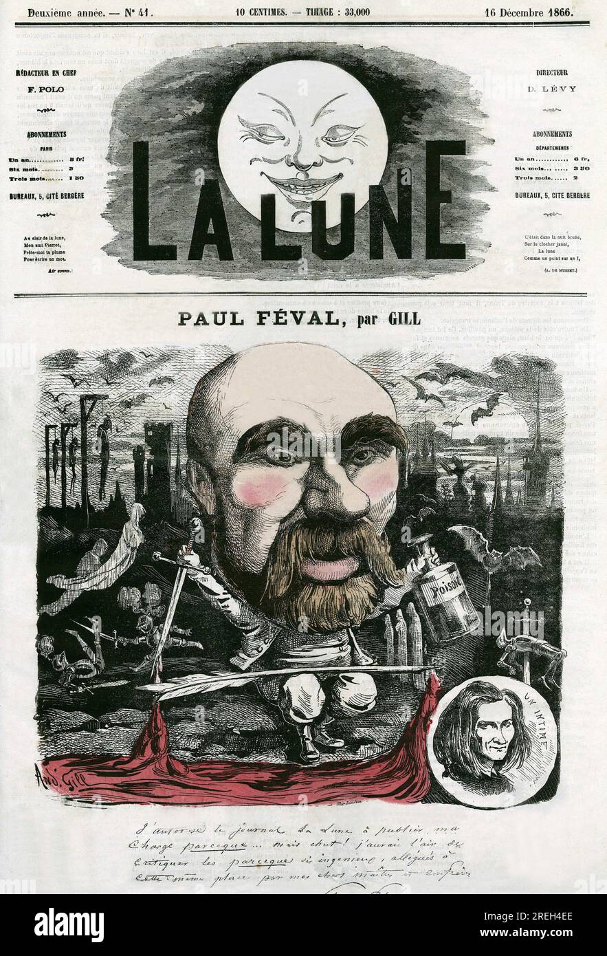 Portrait de Paul Feval (1816-1887), ecrivain francais. Caricature par ...