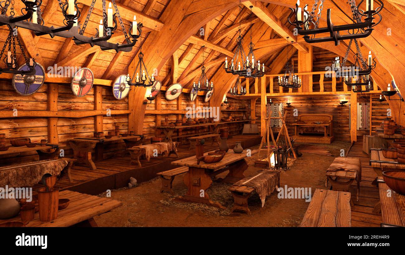 3D rendering of a viking long house interior Stock Photo - Alamy