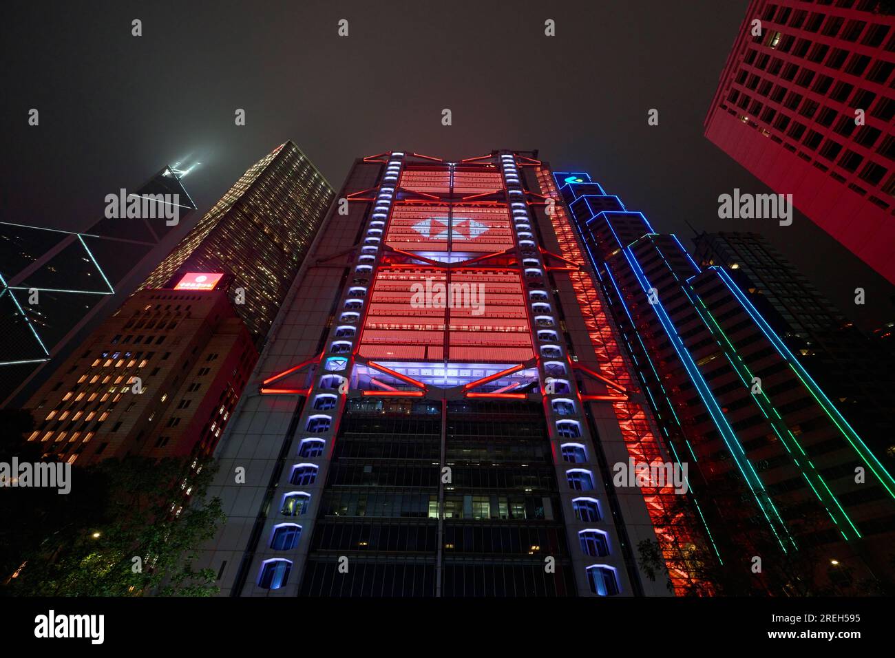 Hong Kong, China - April 24 2023: Headquarters of The HSBC Bank in Central with LED illumination ...