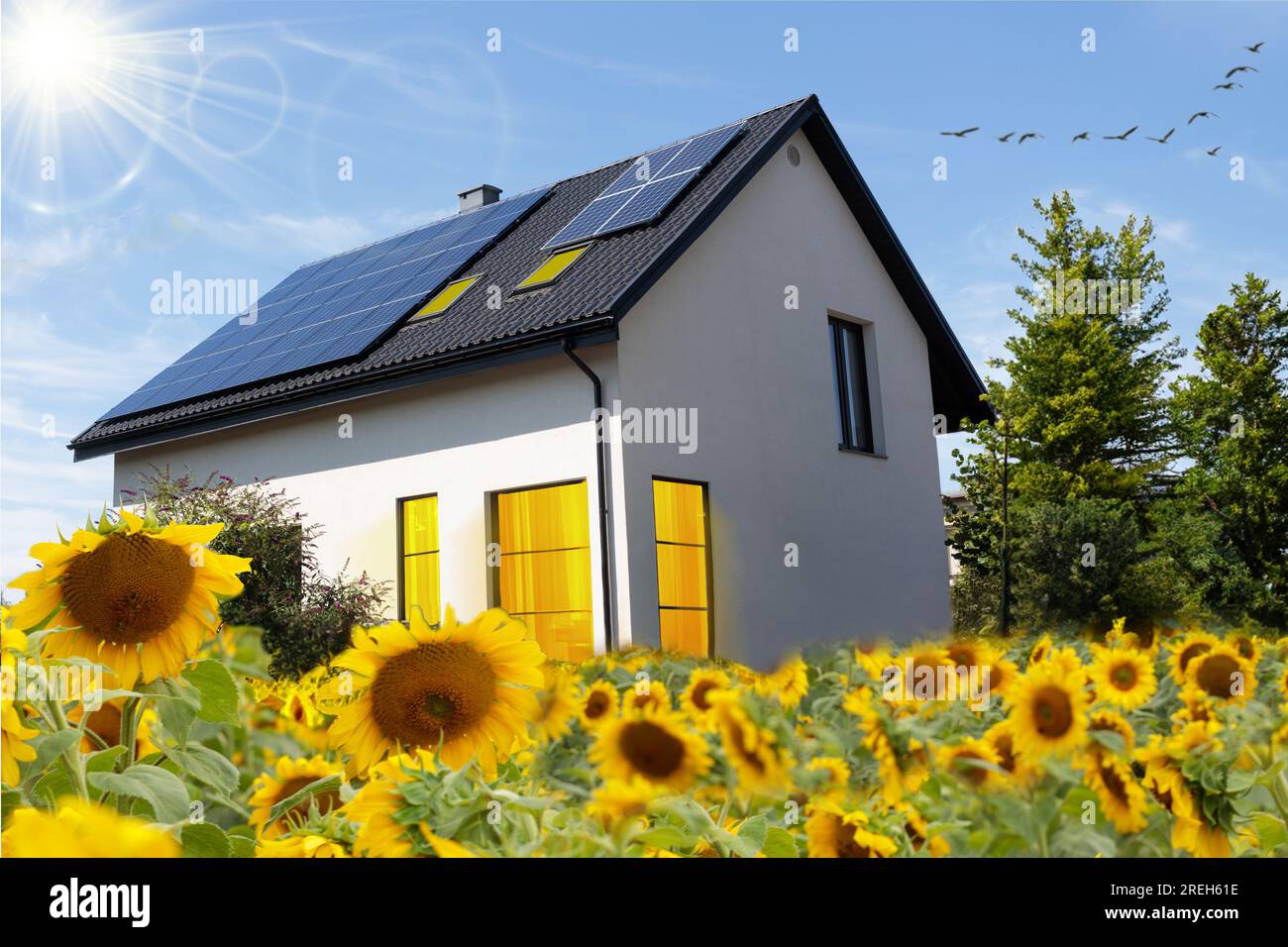 A modern residential house equipped with solar panels on the roof, set ...