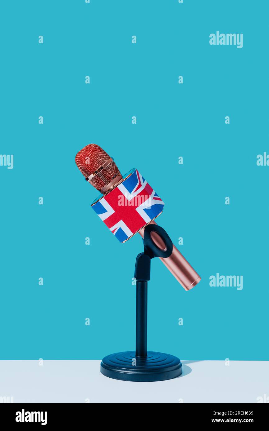 closeup of a microphone patterned with the flag of the united kingdom ...