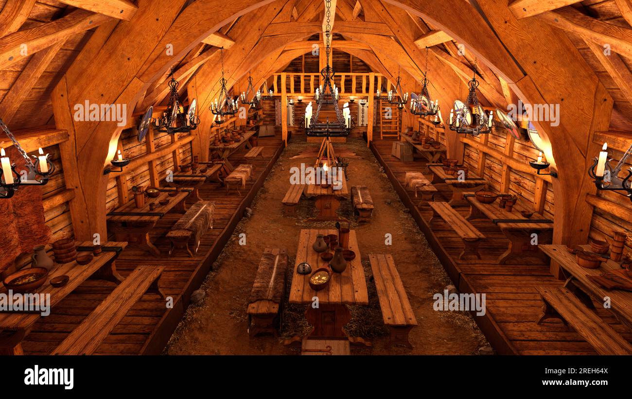 3D rendering of a viking long house interior Stock Photo - Alamy