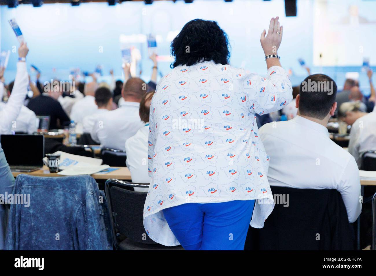 Magdeburg, Germany. 28th July, 2023. A woman wears a jacket with AfD ...