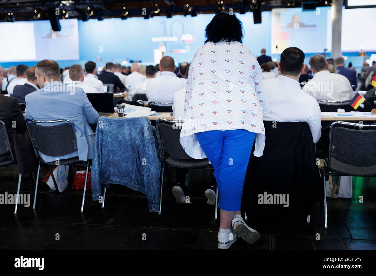 Magdeburg, Germany. 28th July, 2023. A woman wears a jacket with AfD ...