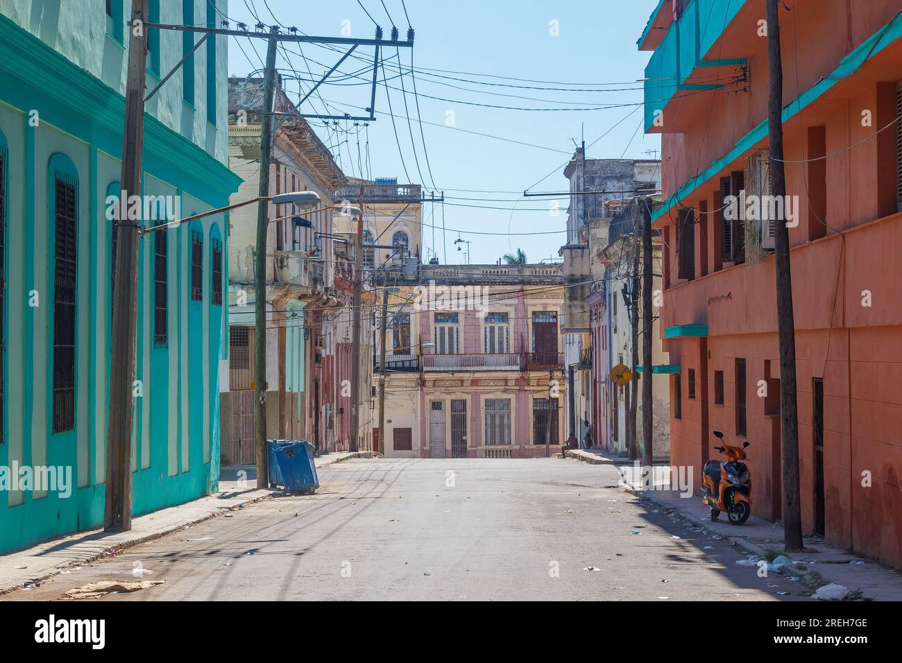 Havana, Cuba, An empty city street with building facades. There are ...