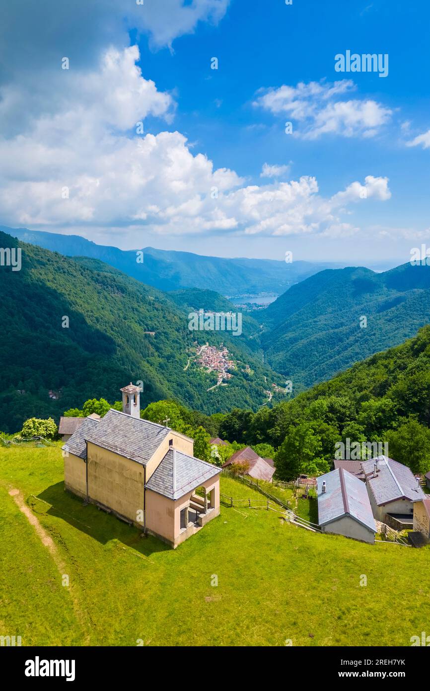 Aerial view of the small church at Alpe Loccia. Chesio, Loreglia, Alpe ...