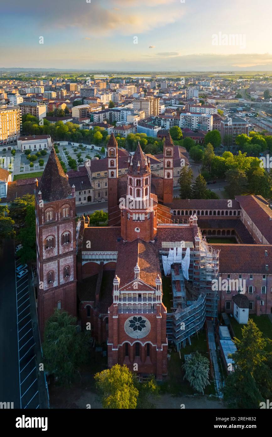 Aerial view of the Sant'Andrea Basilica of Vercelli at sunset in spring ...