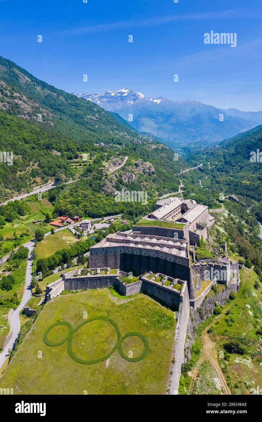 Aerial view of the Exilles fortress watching over Susa valley. Exilles ...