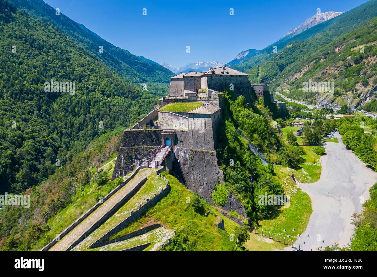 Aerial view of the Exilles fortress watching over Susa valley. Exilles ...