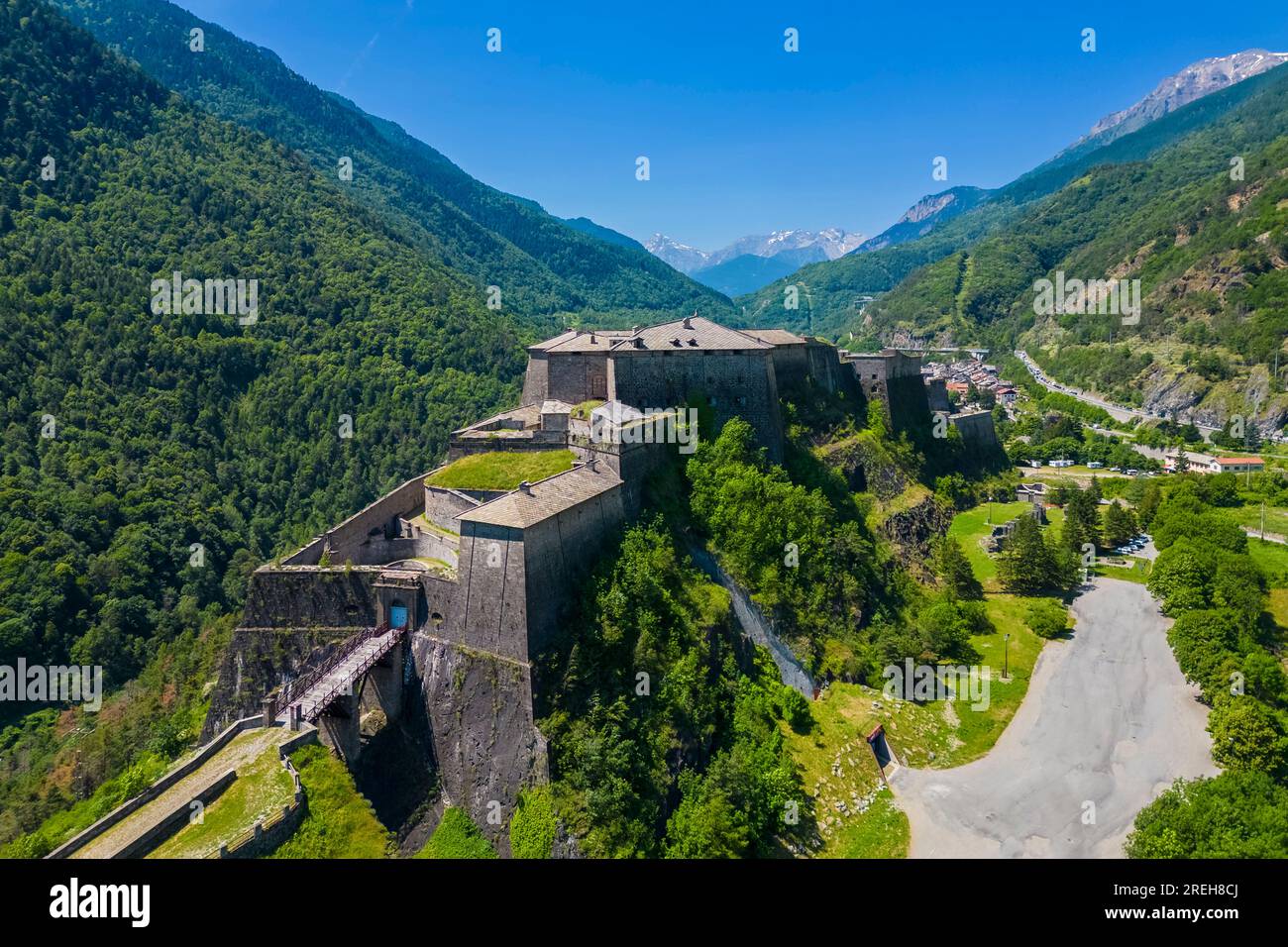 Aerial view of the Exilles fortress watching over Susa valley. Exilles ...