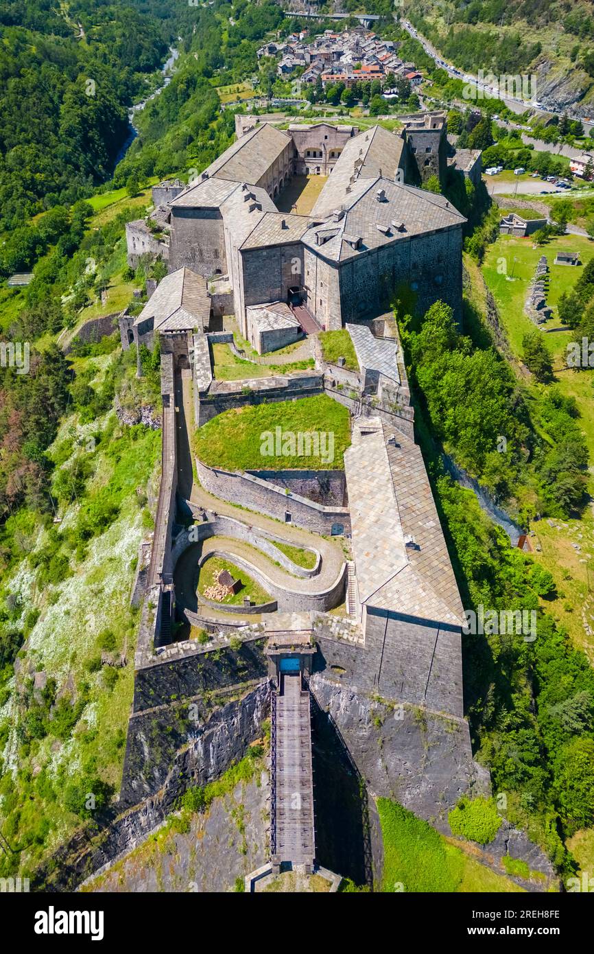 Aerial view of the Exilles fortress watching over Susa valley. Exilles ...