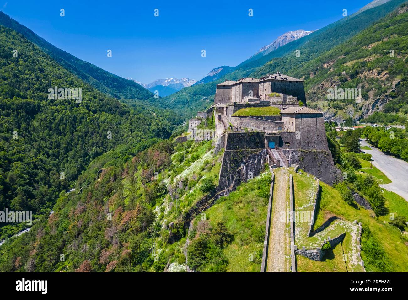 Aerial view of the Exilles fortress watching over Susa valley. Exilles ...