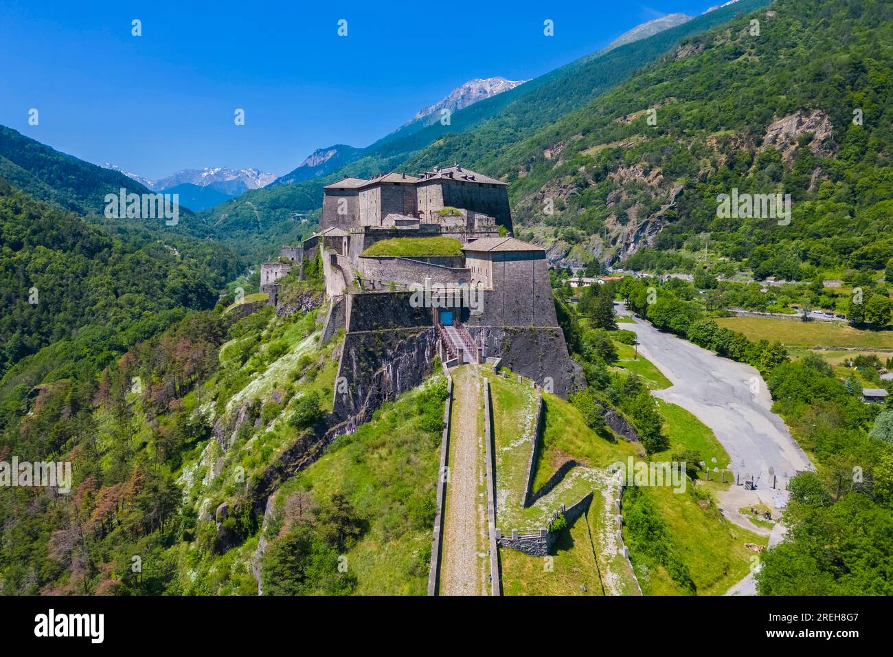 Aerial view of the Exilles fortress watching over Susa valley. Exilles ...