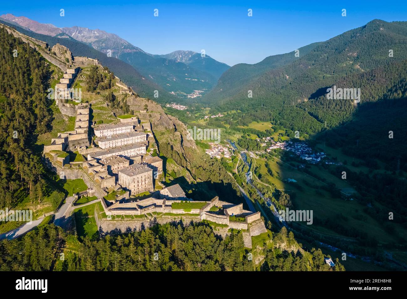 Aerial view of the Fenestrelle fortress watching over Chisone Valley ...
