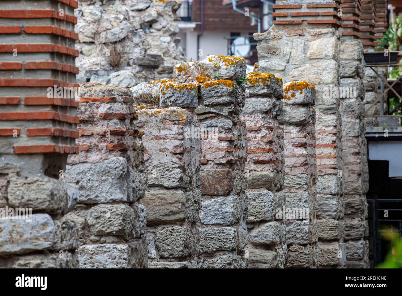 Ancient archaeology, ruins at old town of Nessebar, black sea resort ...
