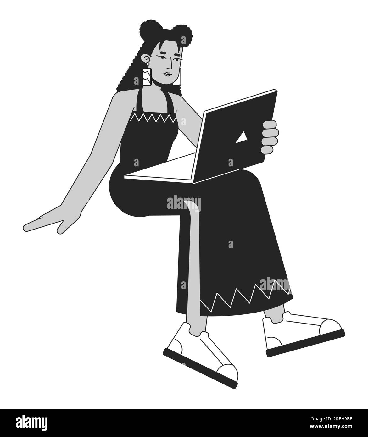 Attractive latina girl holding device flat line black white vector ...