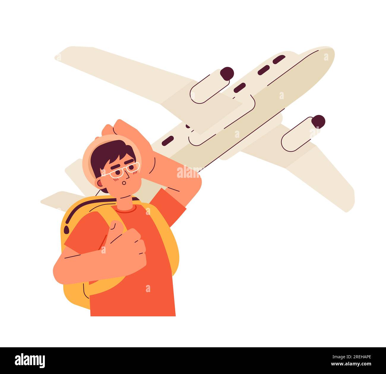 Excited Man Looking On Flying Plane Flat Concept Vector Spot
