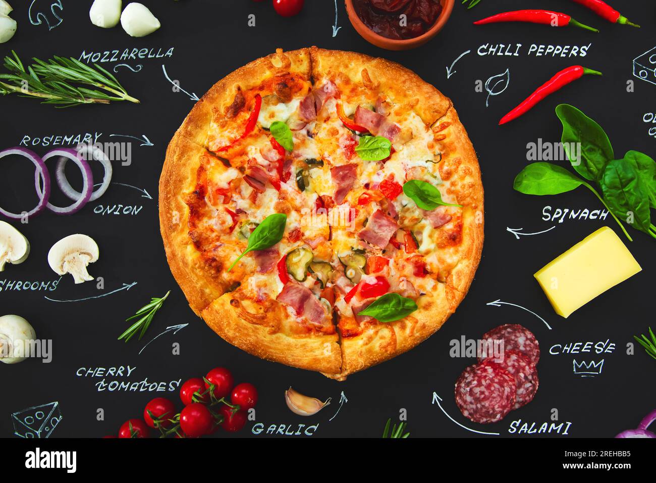 Pizza, ingredients and product names written in chalk on a black ...