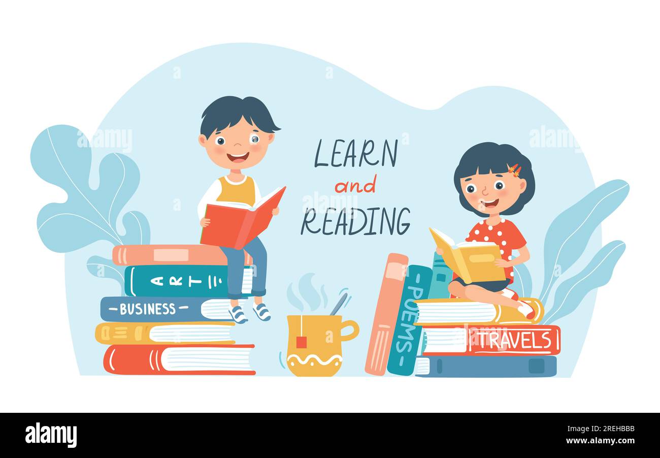 Cartoon children boy and girl read books and leaning. Vector of girl ...