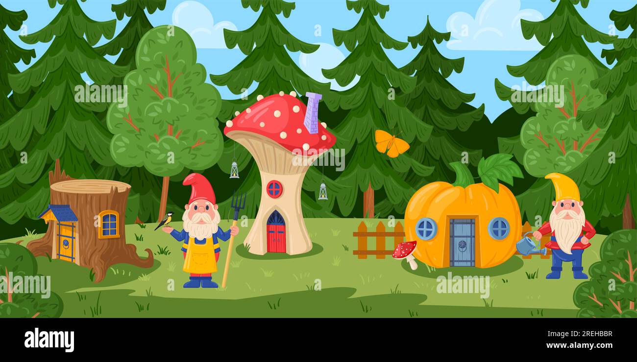 Cartoon forest fairy village, fairytale gnome mushroom houses. Woods ...
