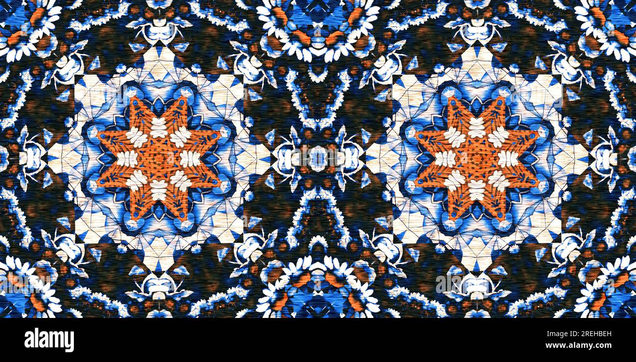 Indigo blue white vibrant watercolor batik azulejos tile border banner ...