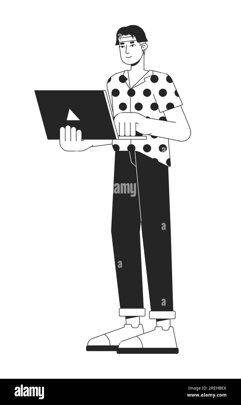 Busy asian worker flat line black white vector character Stock Vector ...