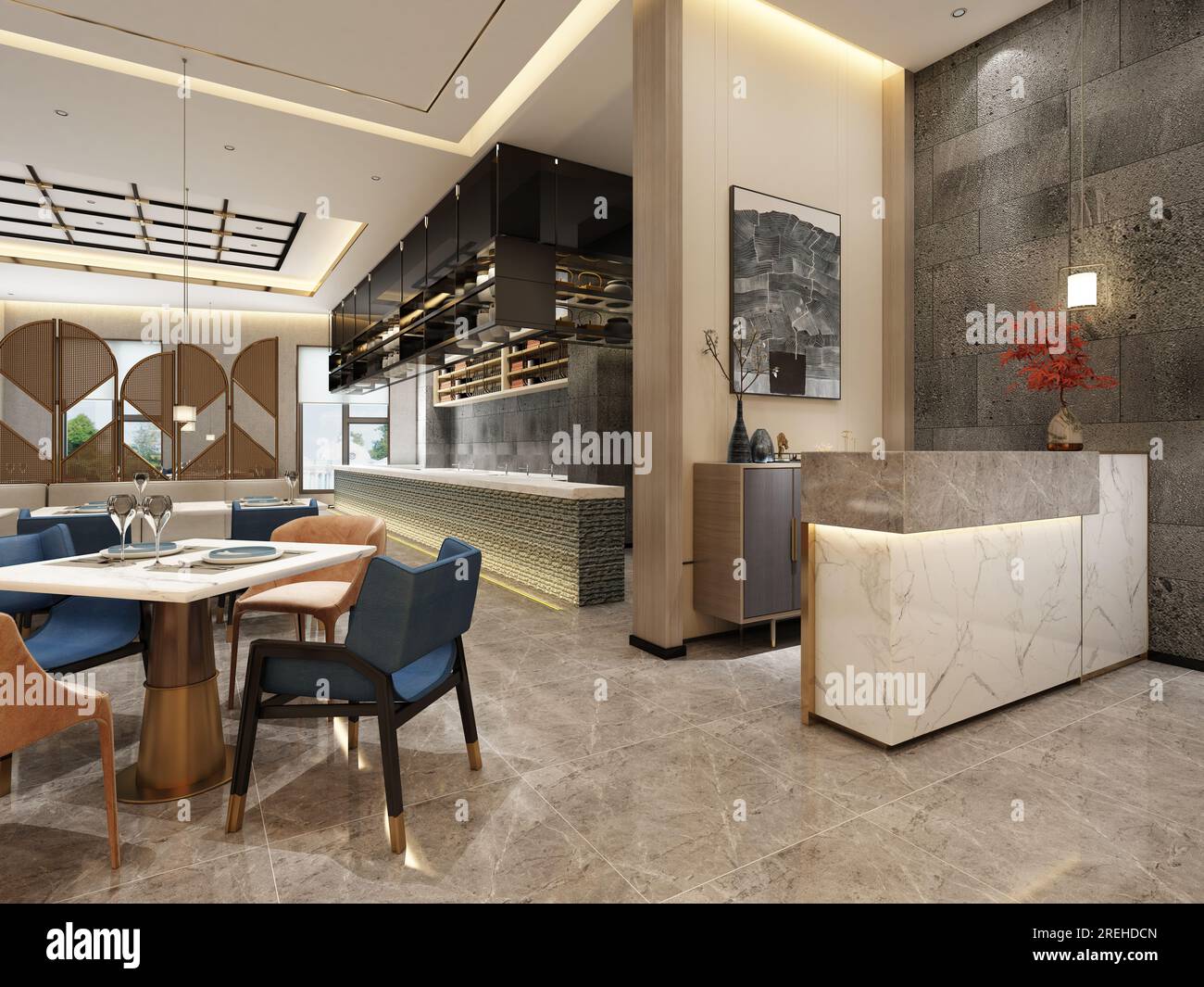 luxury cafe restaurant lobby, 3d render Stock Photo - Alamy