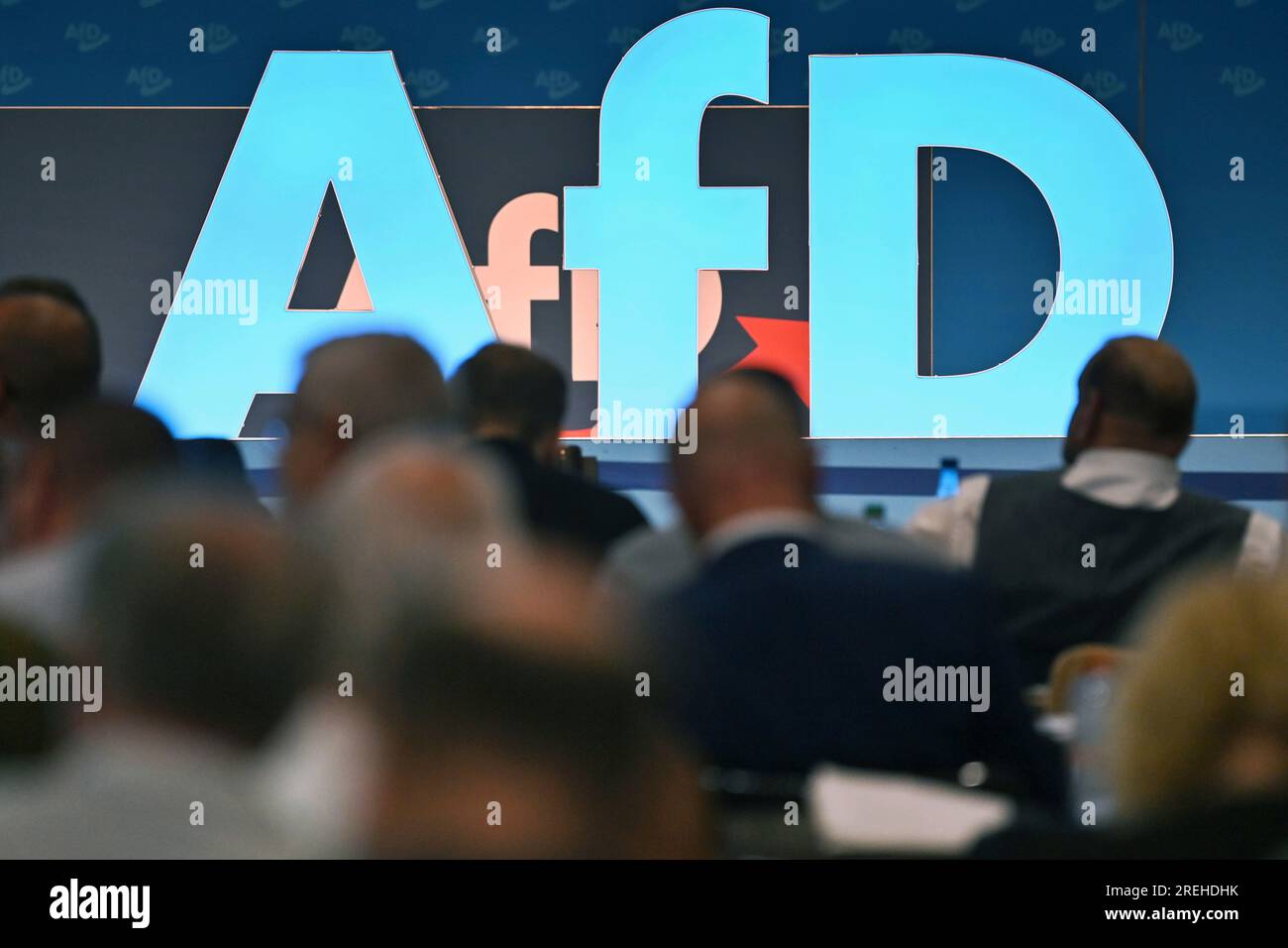 Marginal view of the blue AfD logo, with the delegates sitting in the ...