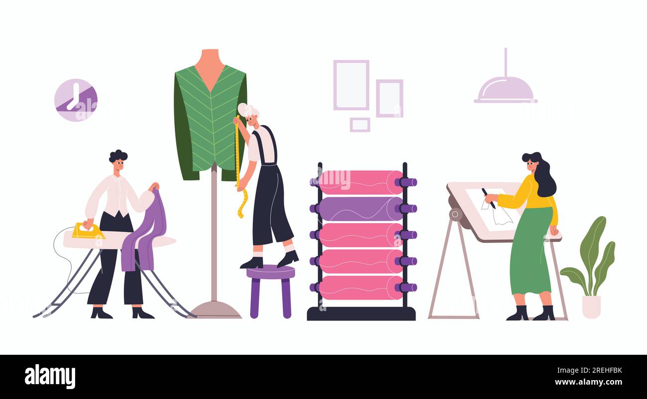 Fashion atelier workers, sewing, dressmaking workshop interior. Vector ...