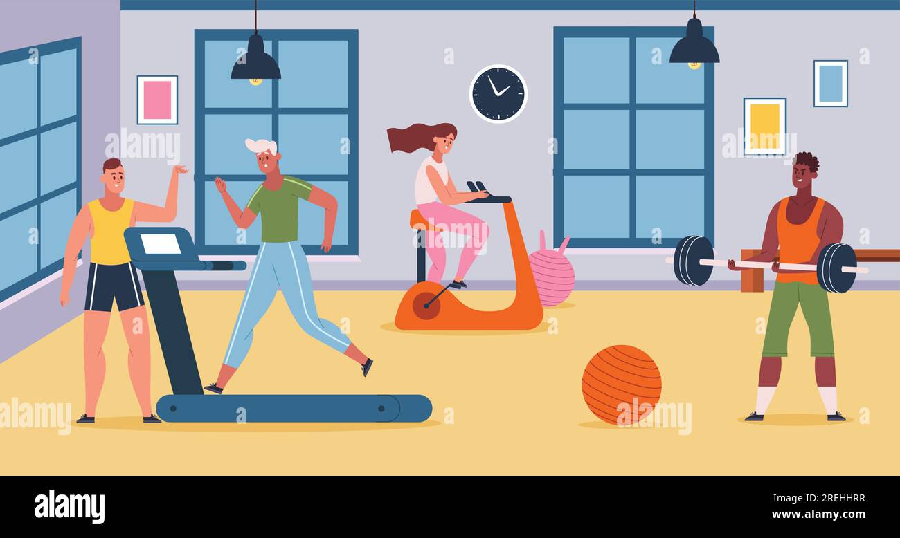 Fitness sport activities in gym, people make yourself strong. Vector of ...